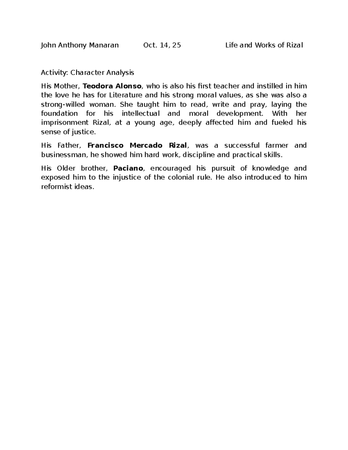 Character Analysis of Rizal's Influential Family - Activity - Studocu
