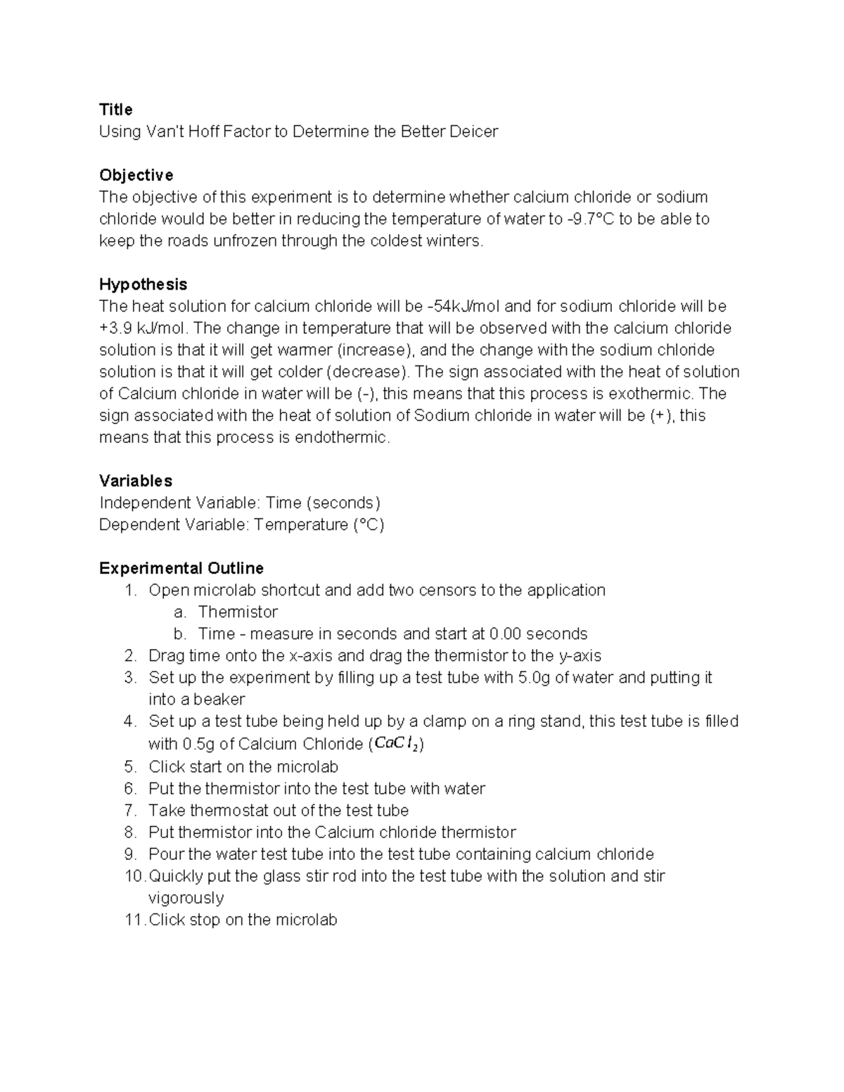Experiment 13 Lab Report - Title Using Van’t Hoff Factor to Determine the Better Deicer ...