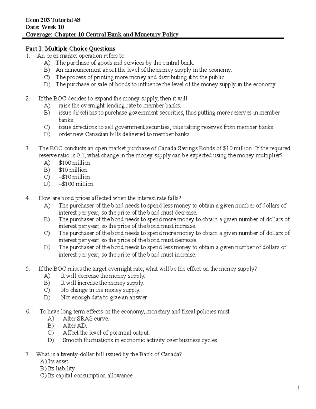 Econ 203 Tutorial 8: Central Bank & Monetary Policy Questions - Studocu