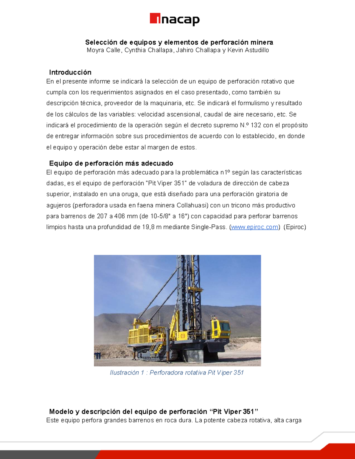 Informe sobre Selección de Equipos de Perforación Minera - PIT 351 ...