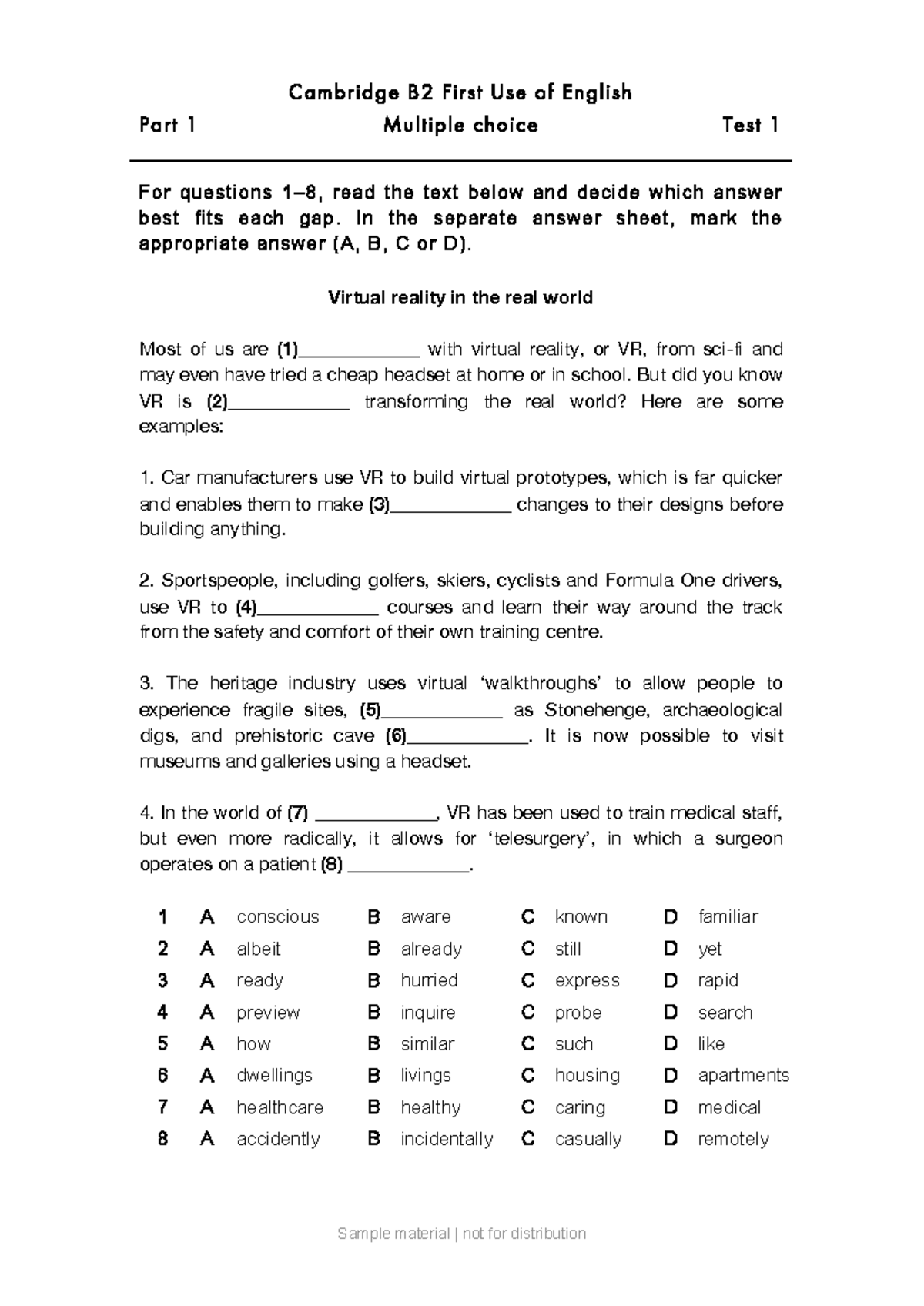 FCE Oct 18 - Exam Key for Multiple Choice & Open Cloze Tests - Studocu