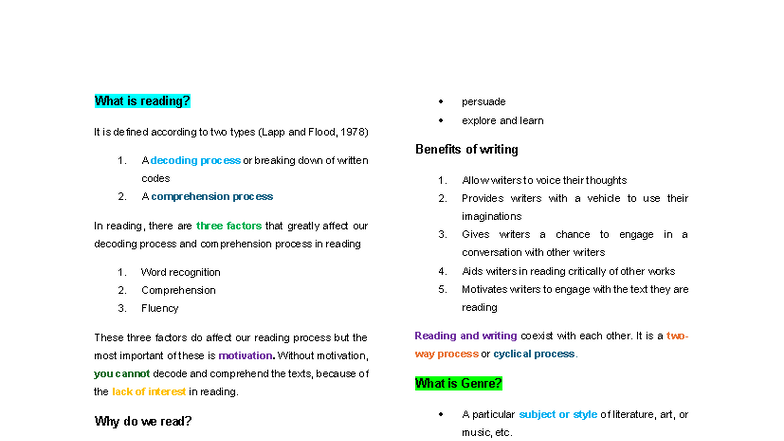 Reading and Writing Skills: Comprehensive Notes for Study - Studocu