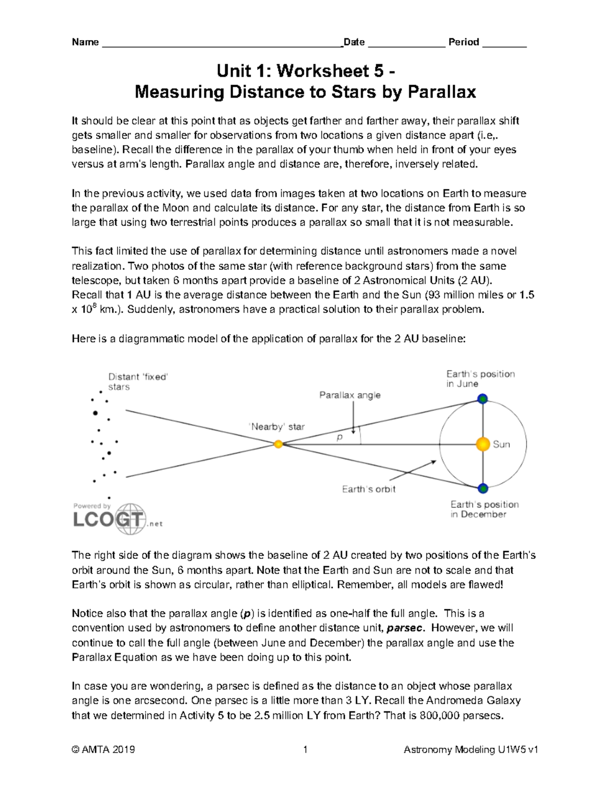 22 U1-WS 5 Measuring Distance to Stars by Parallax (1) - © AMTA 2019 1 ...