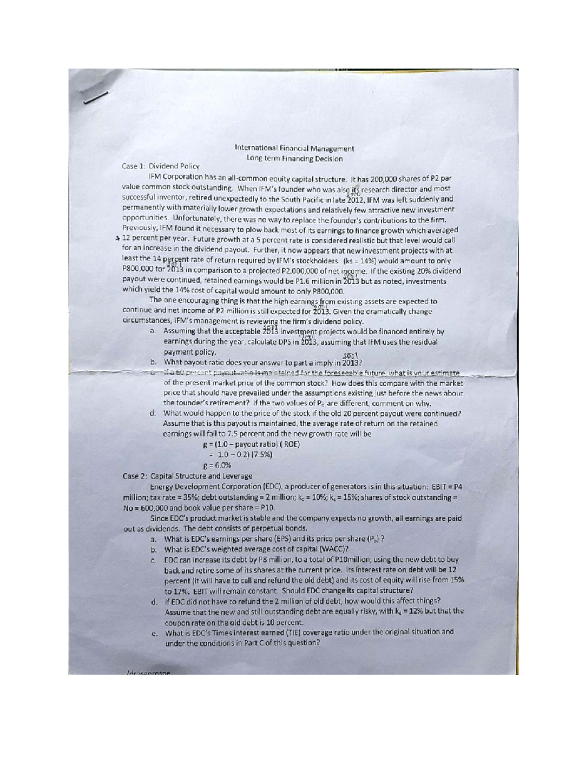 IFM 2013 Case Study: Dividend Policy & Capital Structure Analysis - Studocu