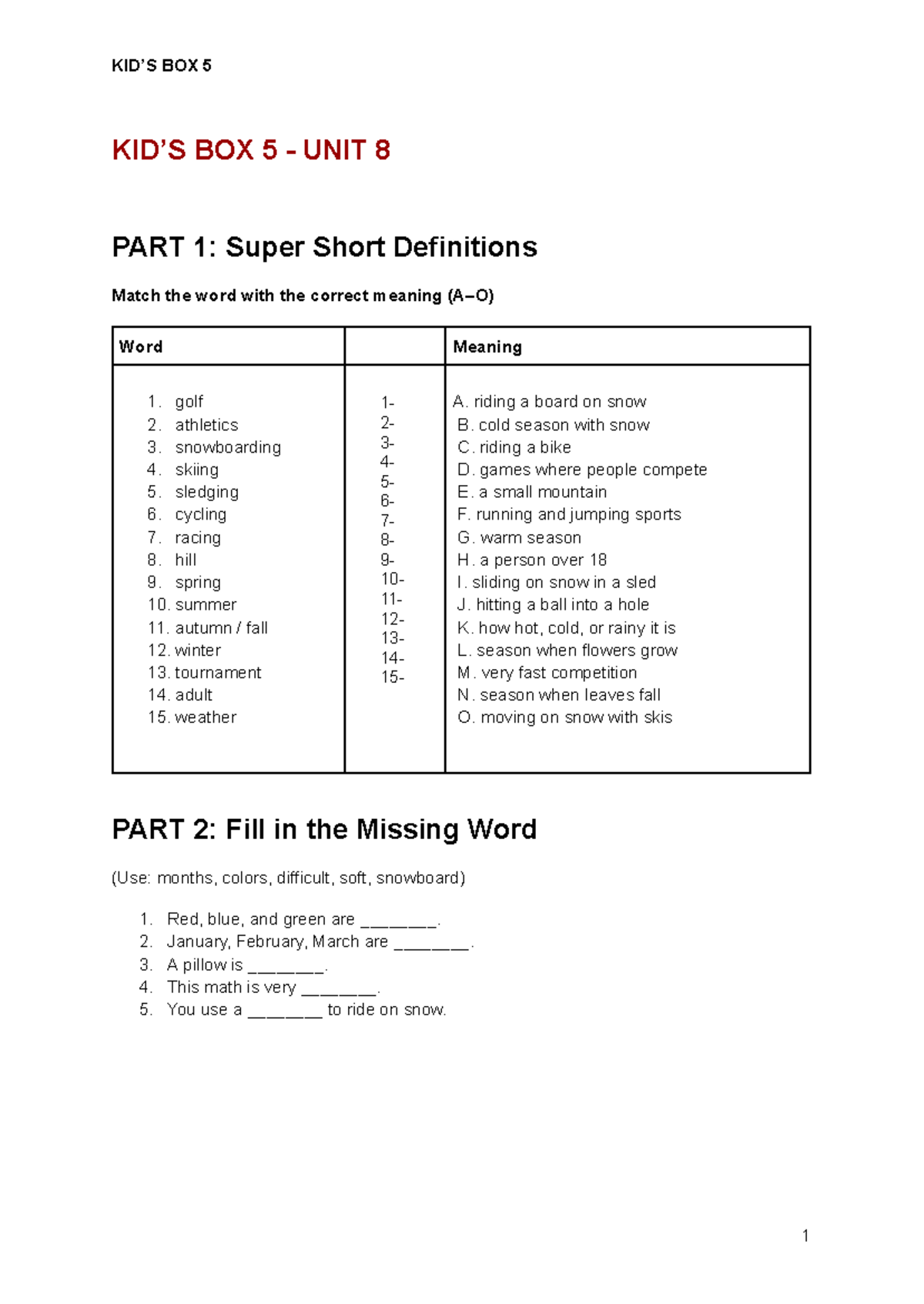 KID'S BOX 5 - UNIT 8: Super Short Definitions & Present Perfect ...