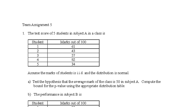 Team Assignment 5: Hypothesis Testing in Subjects A & B - Studocu