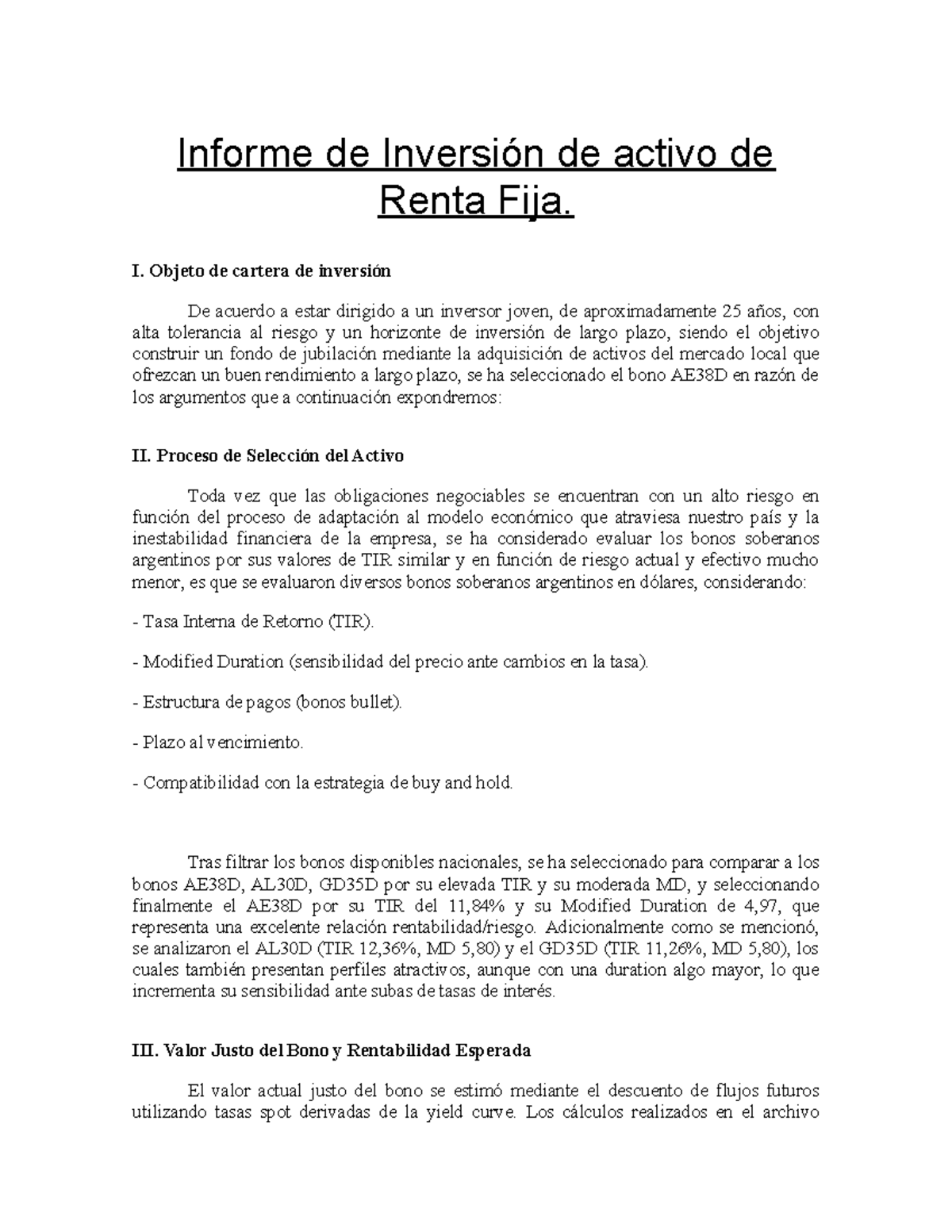 Informe de Inversión en Renta Fija: Análisis del Bono AE38D - Studocu