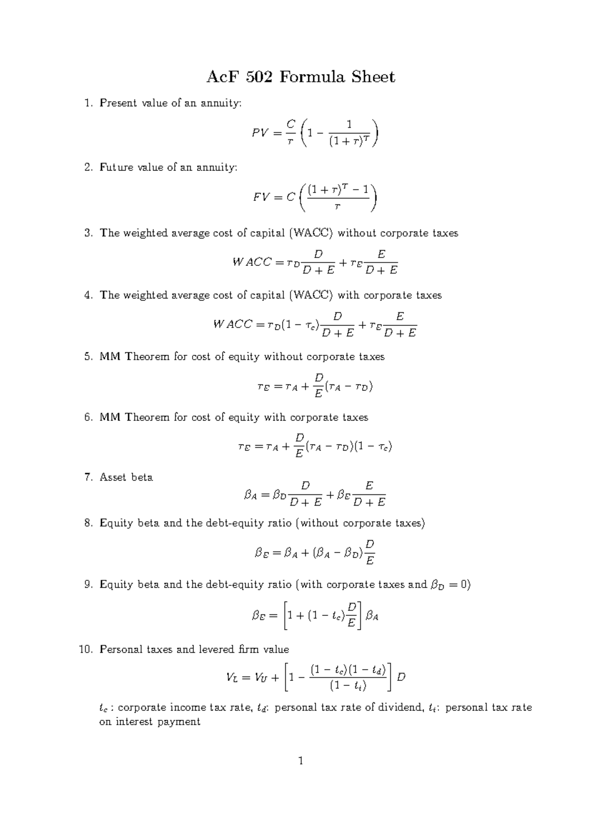 AcF 502 Exam Formula Sheet: Key Financial Formulas - Studocu