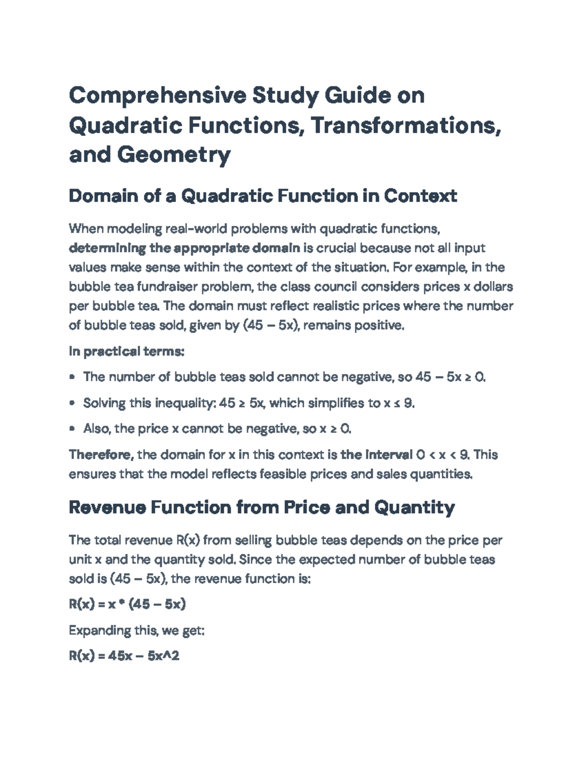 Comprehensive Study Guide: Quadratic Functions & Geometry (MATH 101 ...