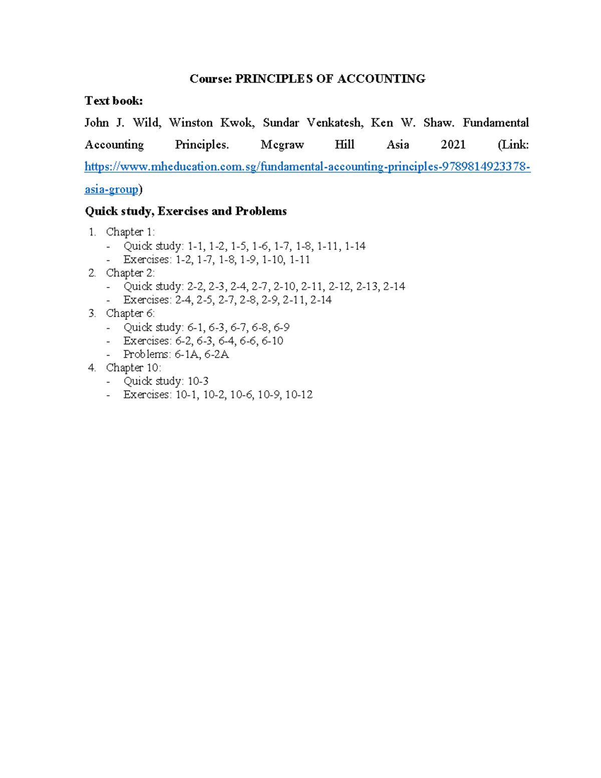 Note. Textbook-Exercises and Problems - Course: PRINCIPLES OF ...