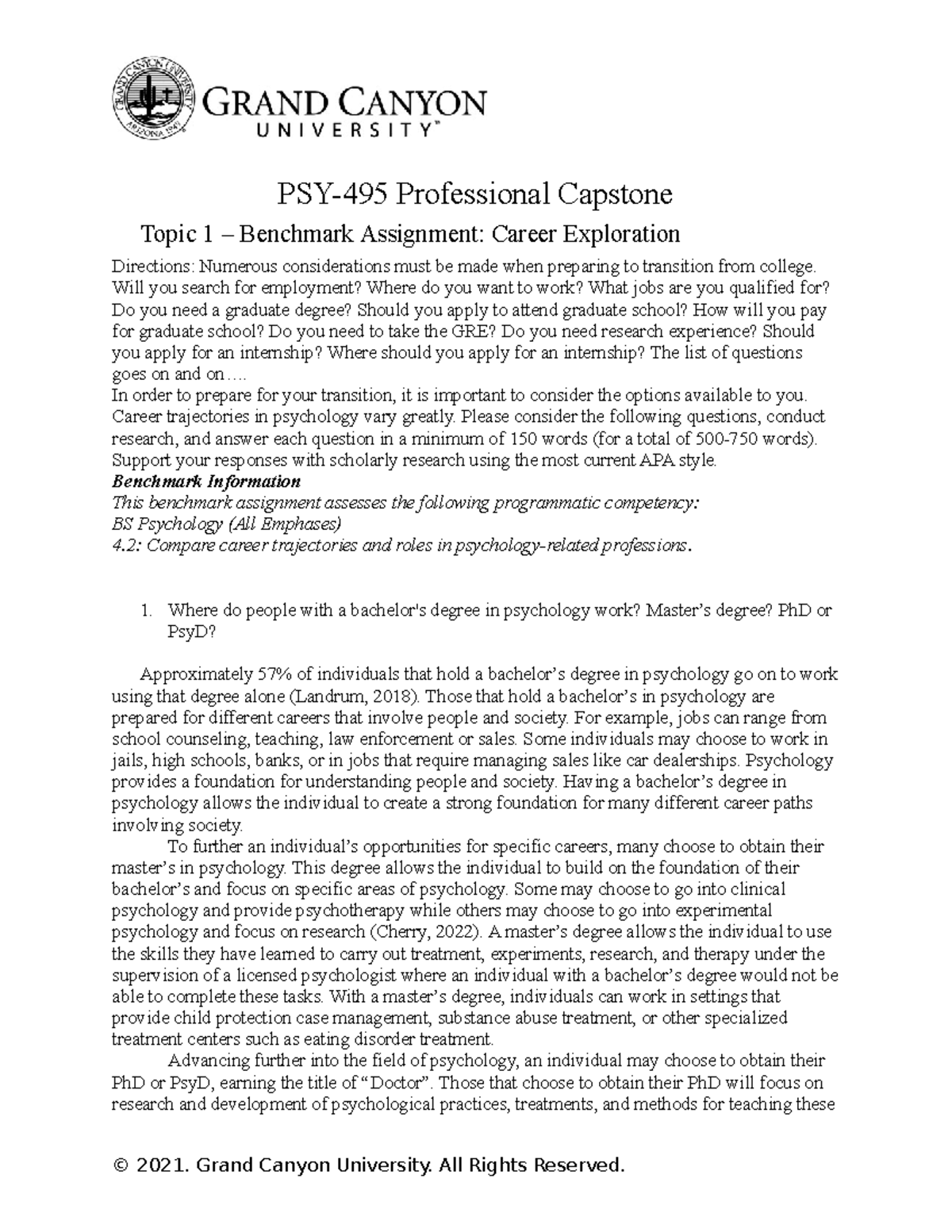 PSY 495 RS T1 Benchmark Career Exploration - PSY-495 Professional Capstone Topic 1 – Benchmark ...