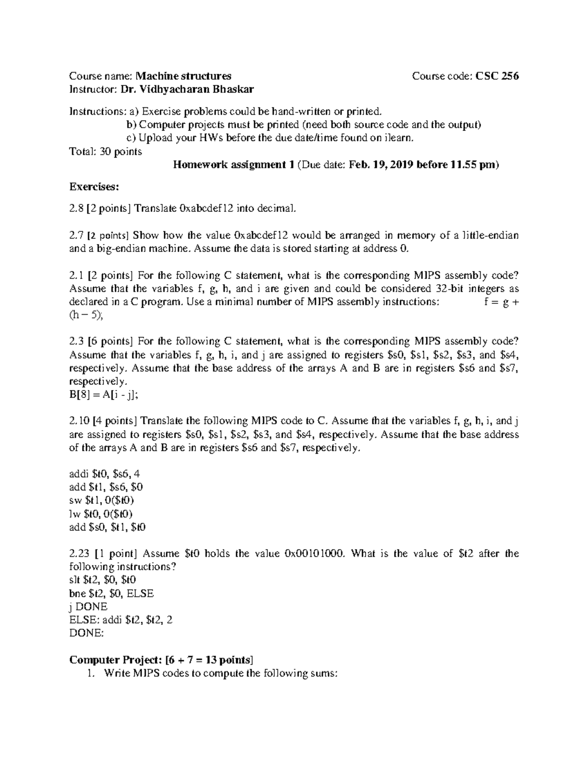 Csc 256 Machine Structures Assignment Homework 1 Solutions Course Name Machine Structures