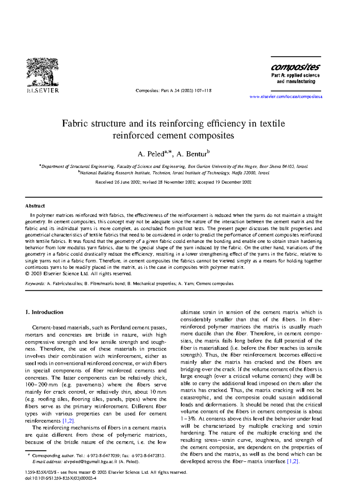 Fabric structure and its reinforcing efficiency in textile - Peled a ...