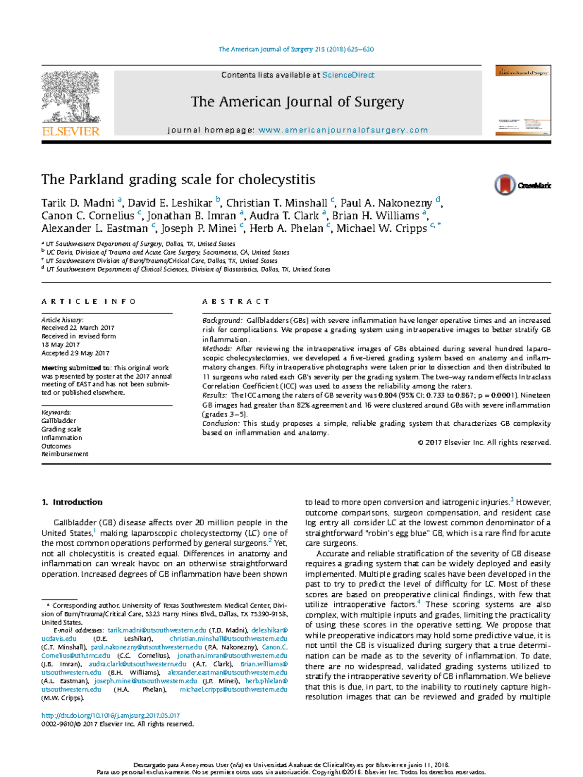 The parkland grading scale for cholecystitis - Madnia, David E ...