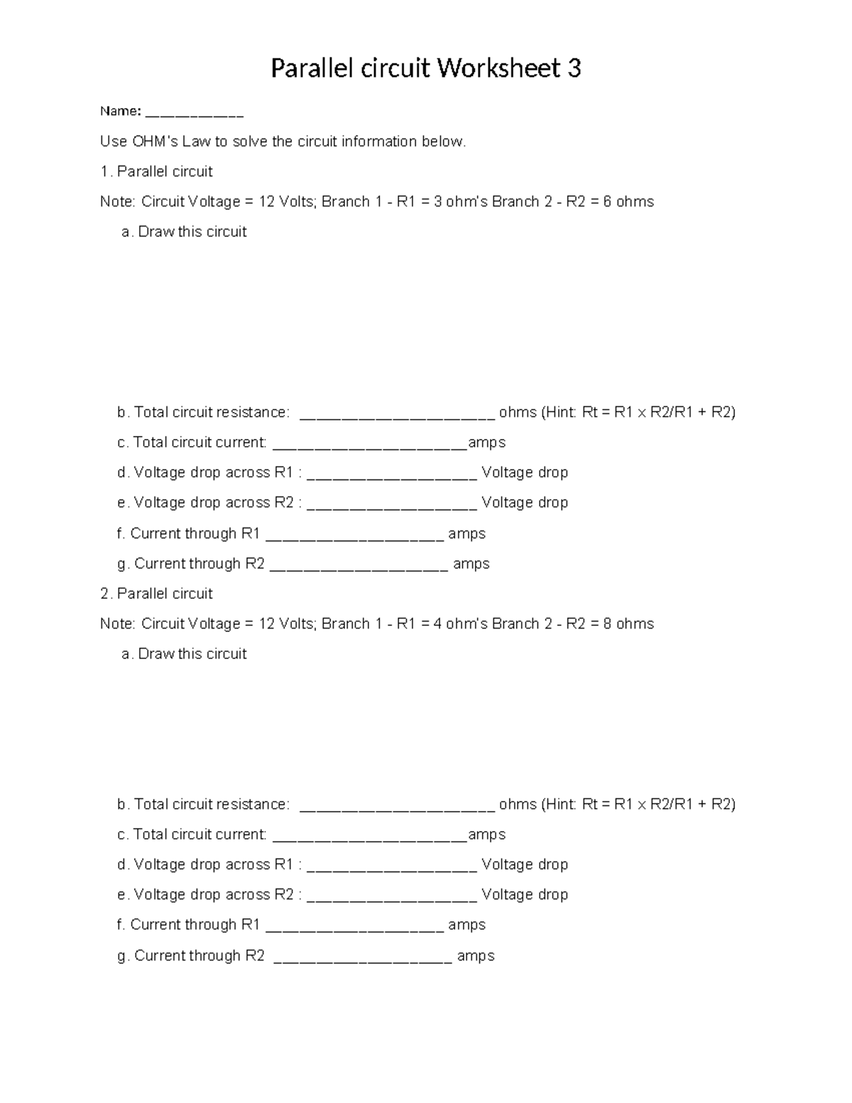 Parallel Circuit Worksheet 3: OHM's Law Applications - Studocu