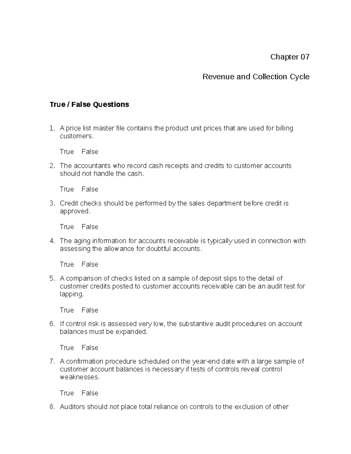 Chap007 - Answer and qeustion - Chapter 07 Revenue and Collection Cycle ...