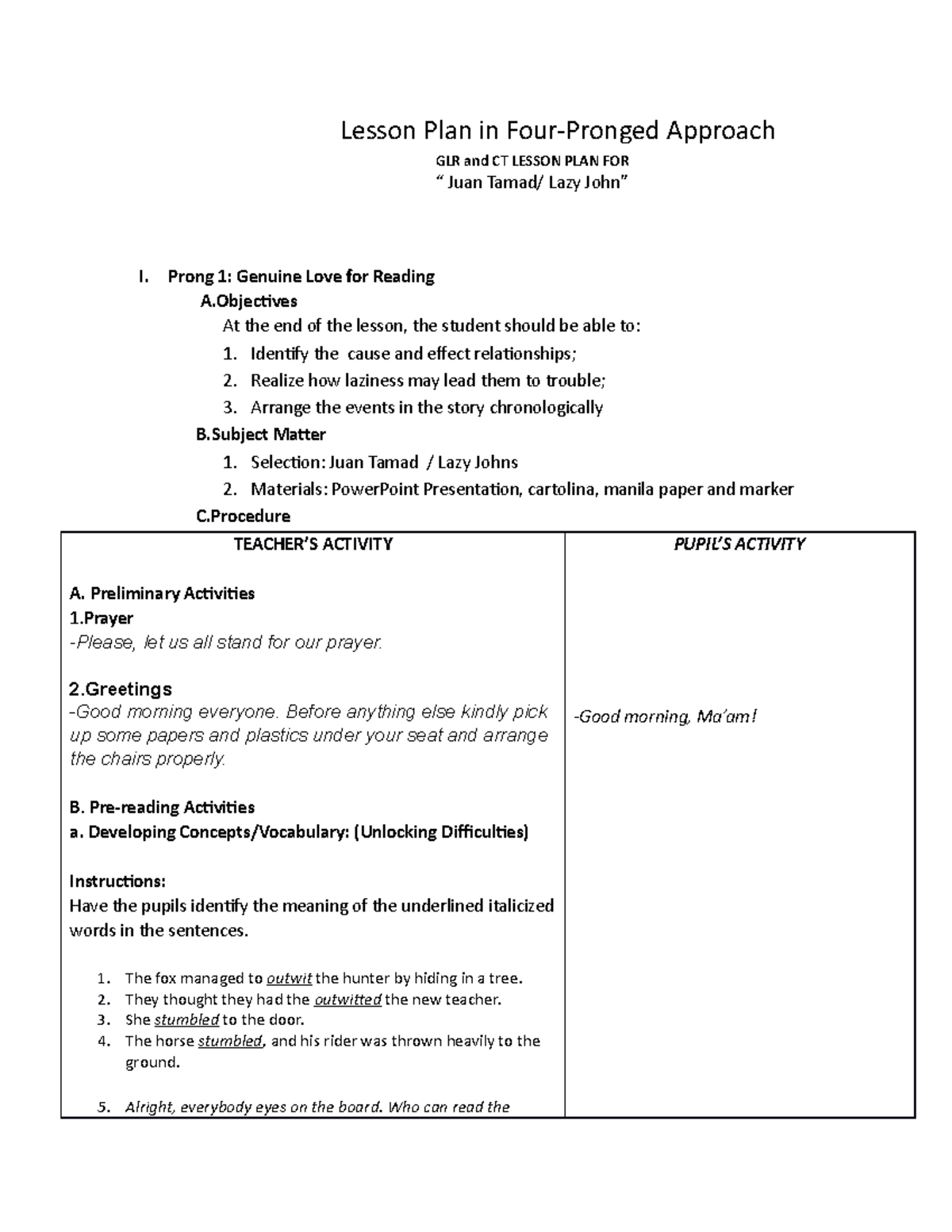 4 pronged lesson plan Anthonys group - Lesson Plan in Four-Pronged ...