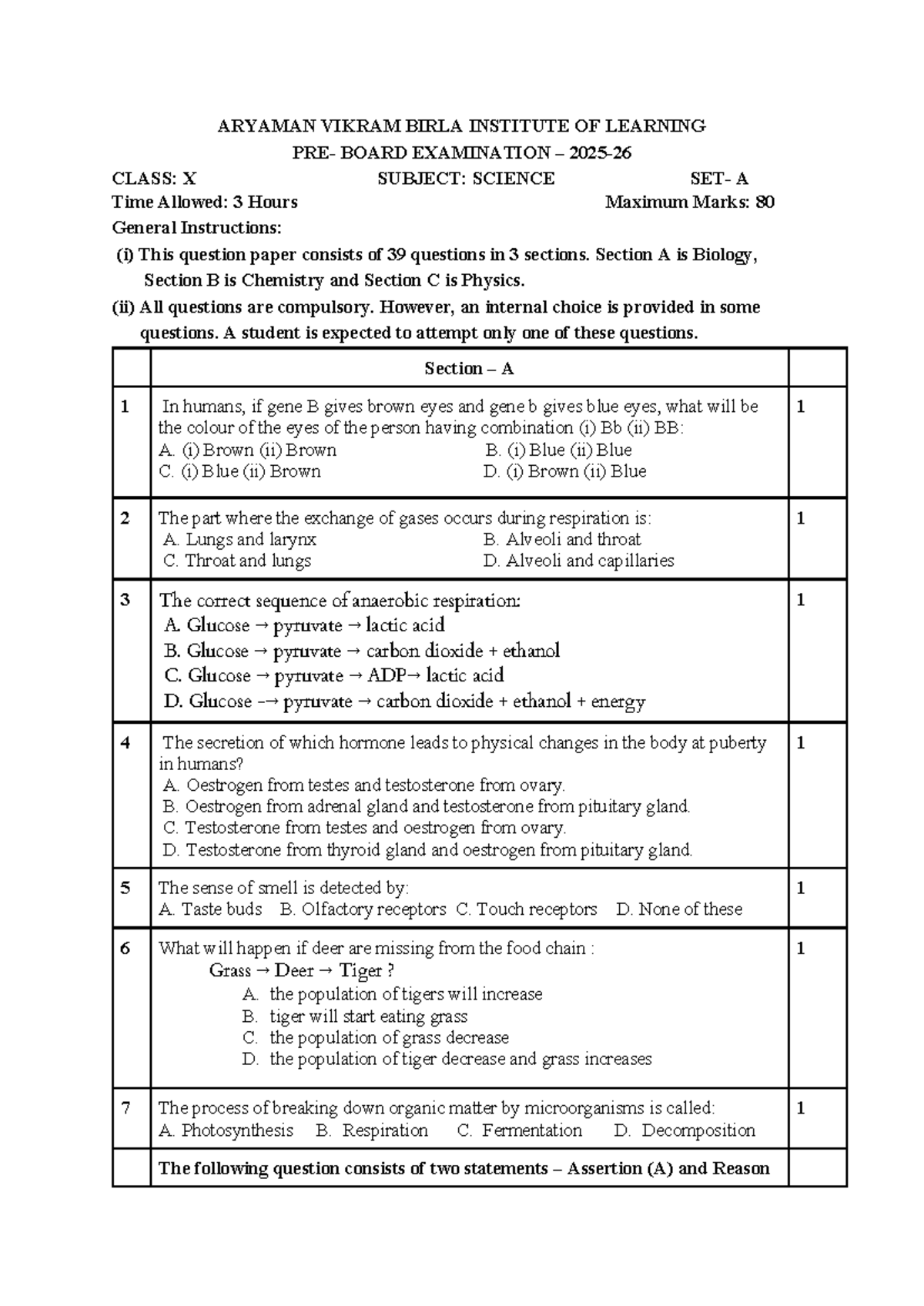 X Science Pre-Board Examination Question Paper - Studocu