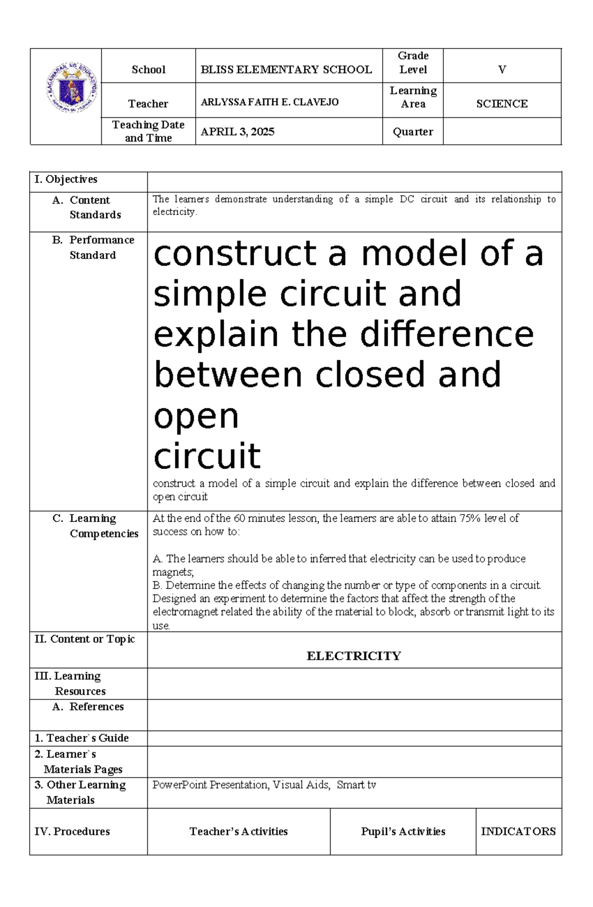 Detailed Lesson Plan in Science (Grade 5) on Electric Circuits - Studocu