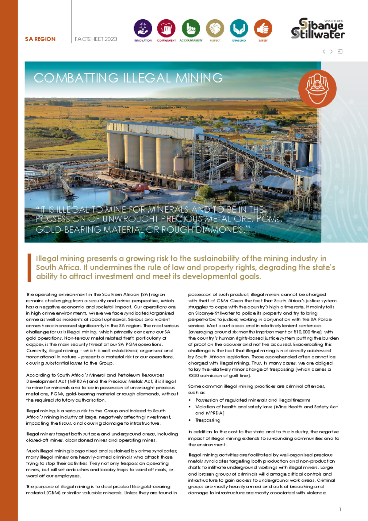 Sibanye Stillwater SA Region Factsheet 2023: Combatting Illegal Mining ...