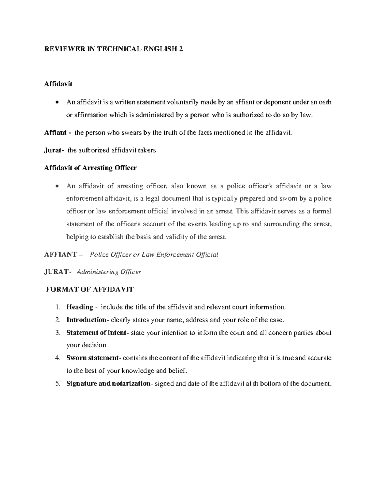 Midterm Reviewer: Affidavits in Technical English 2 - Studocu