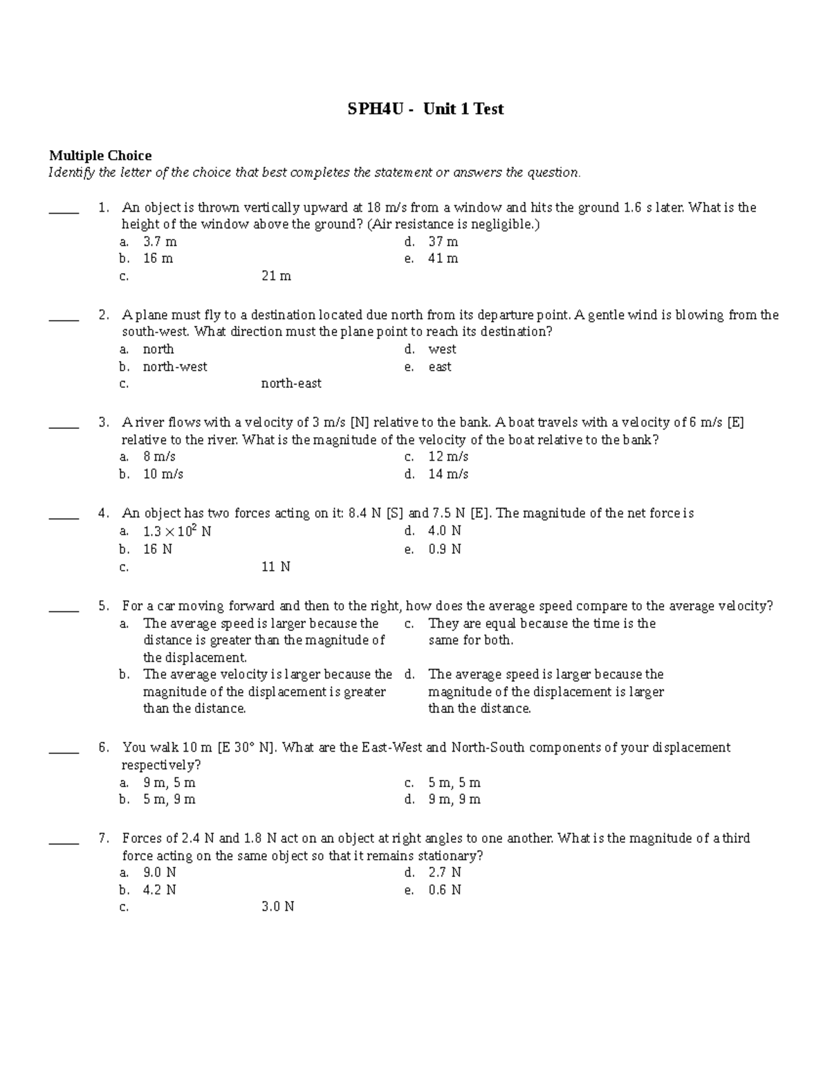 SPH4U - Unit 1 Dynamics Test - Sample Questions and Answers - Studocu
