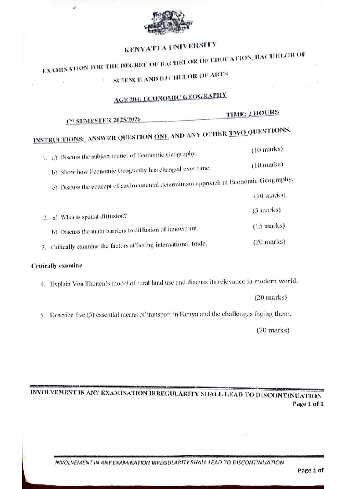 AGE 204: Economic Geography Past Exam Paper by Dennis Njeru - Studocu