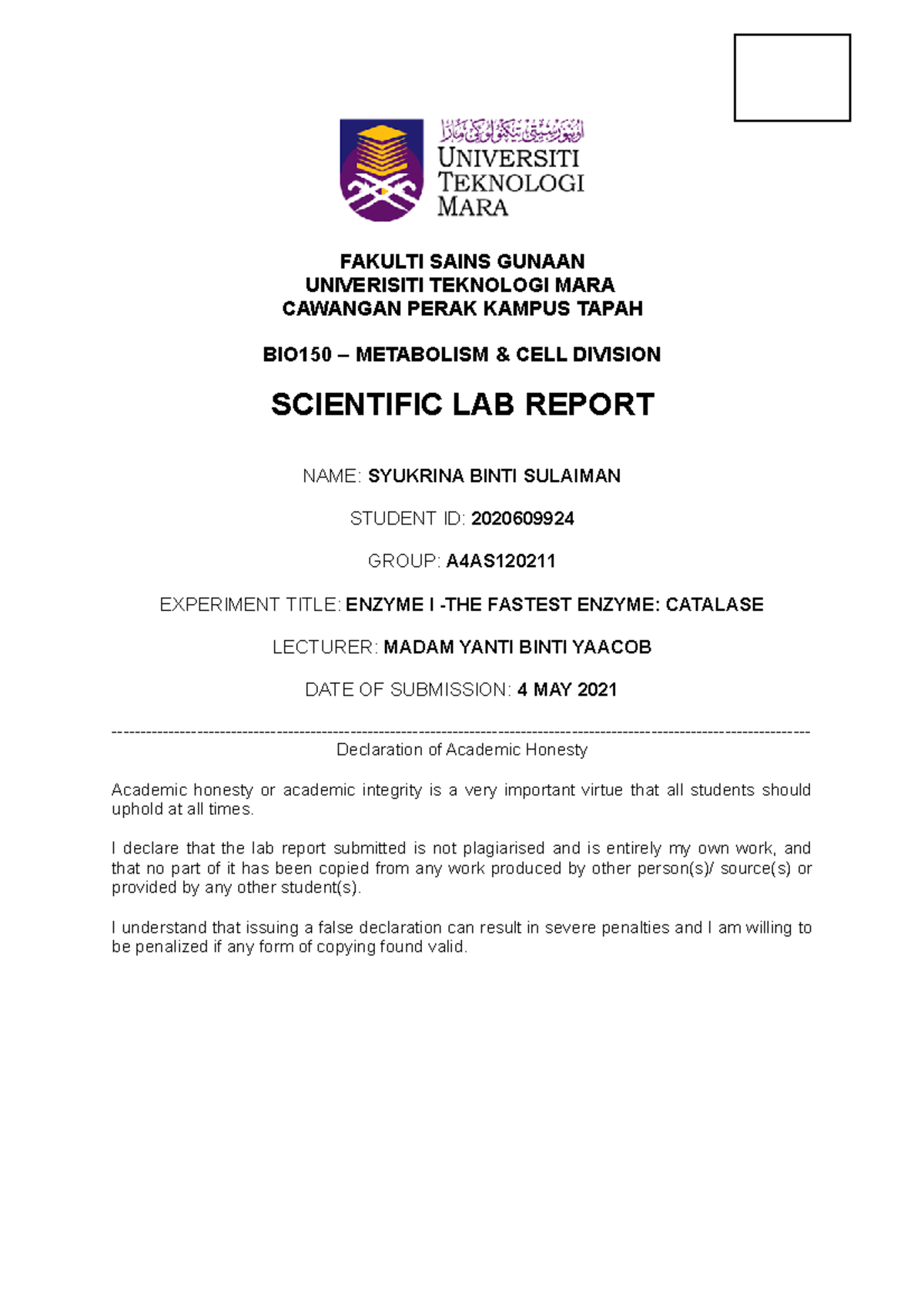 LAB Report BIO150 - Enzyme I: Investigating Catalase Activity - Studocu