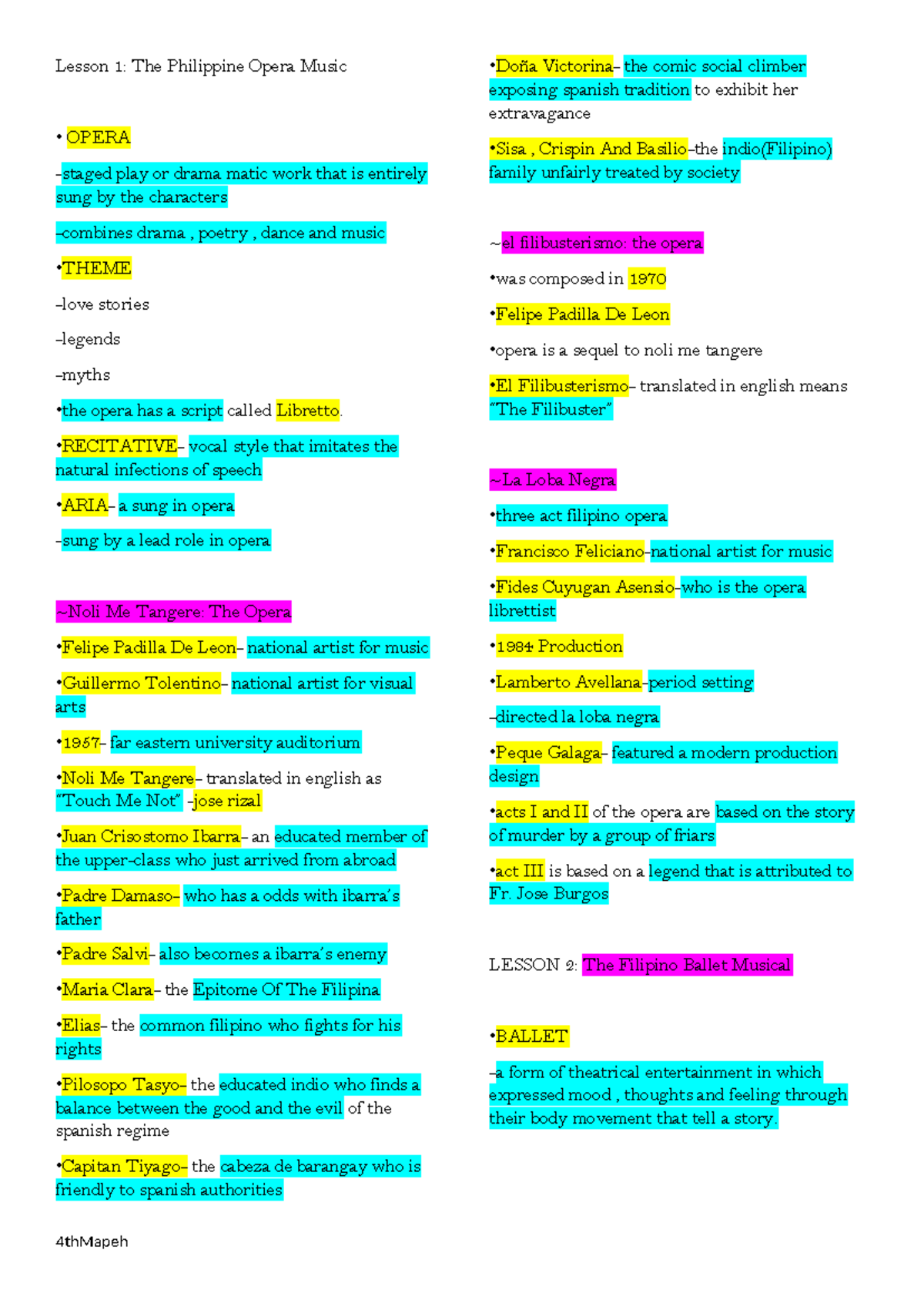 G10 Mapeh Reviewer - Reviews - Lesson 1: The Philippine Opera Music ...