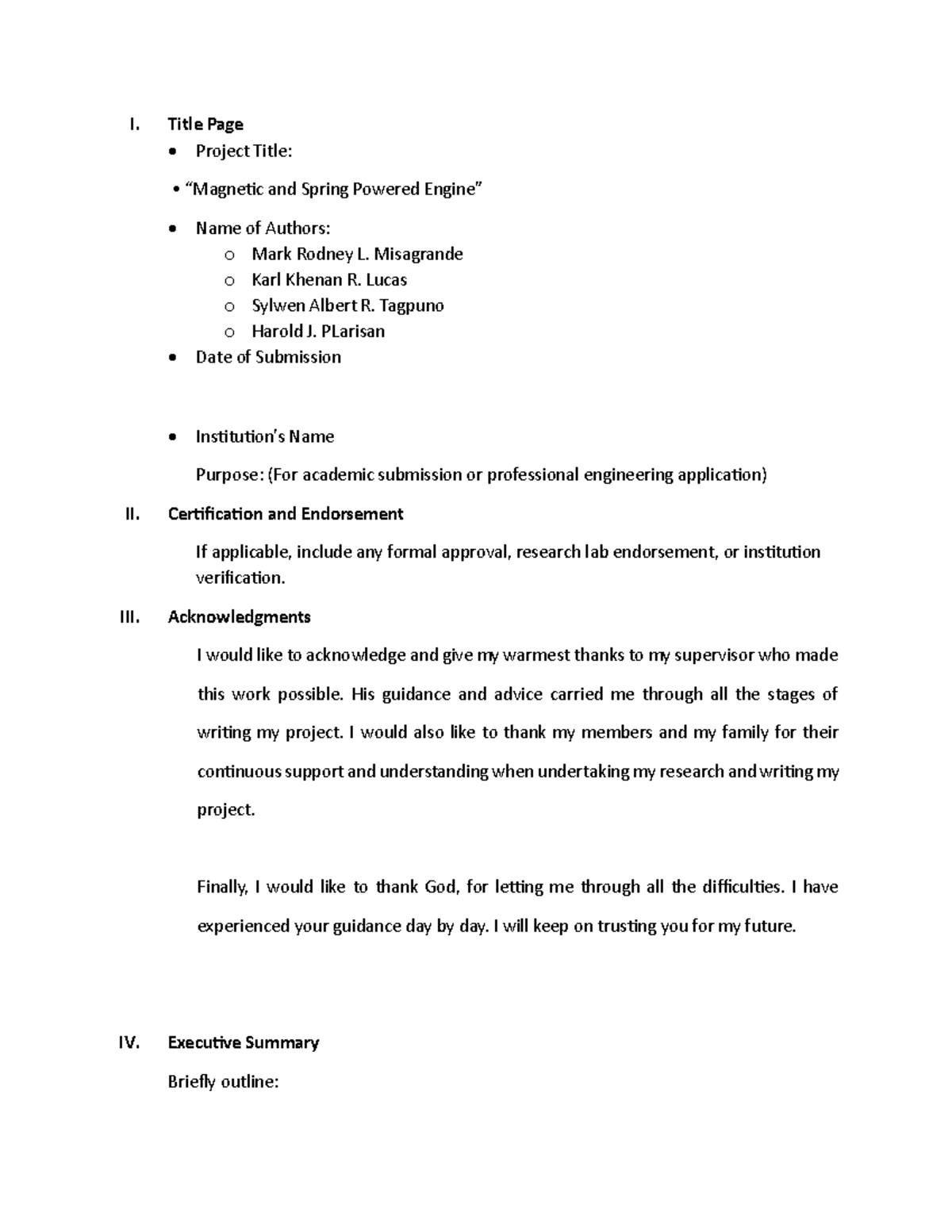 Magnetic AND Spring Powered Engine 1 - I. Title Page - Project Title ...