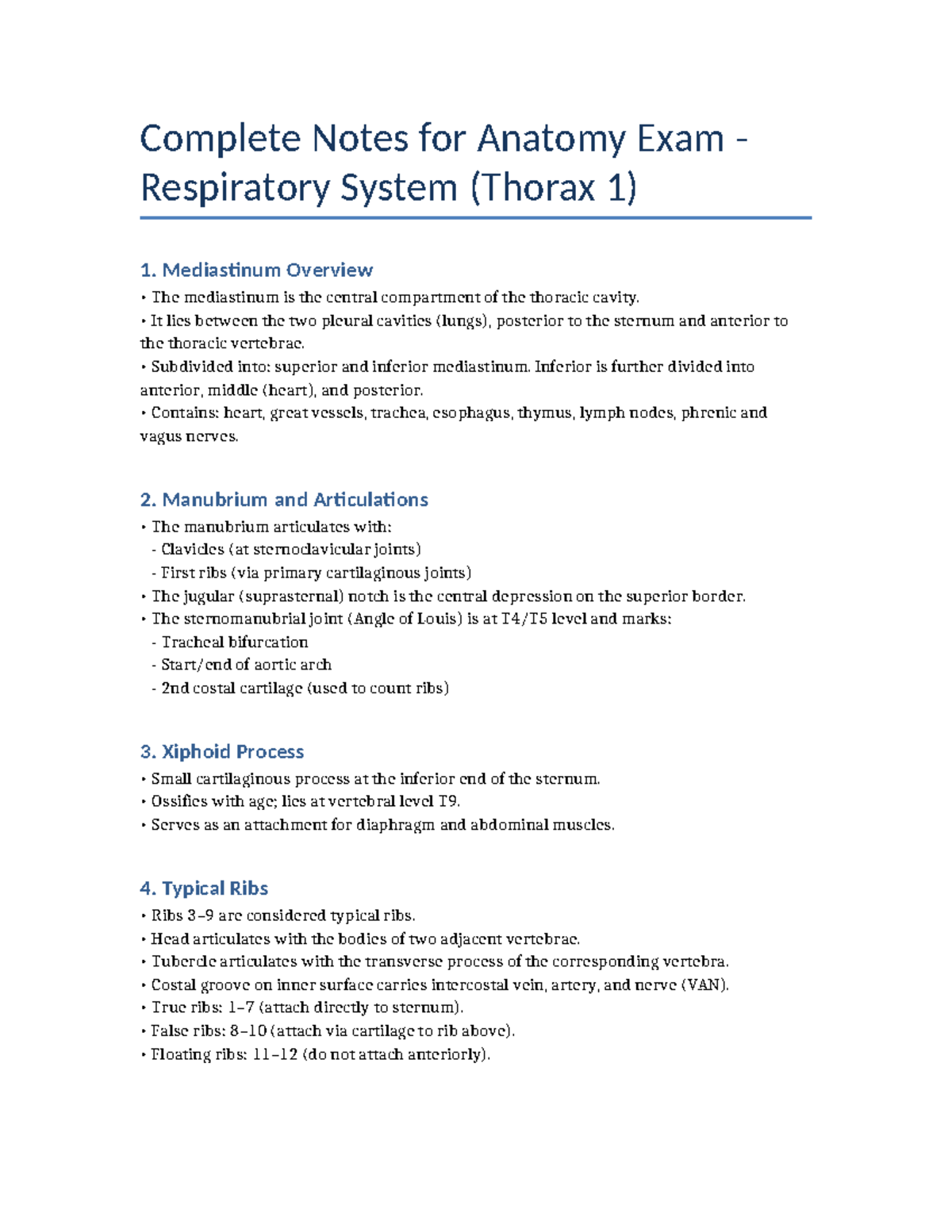 Anatomy Exam Notes: Respiratory System Overview (Thorax 1) - Studocu