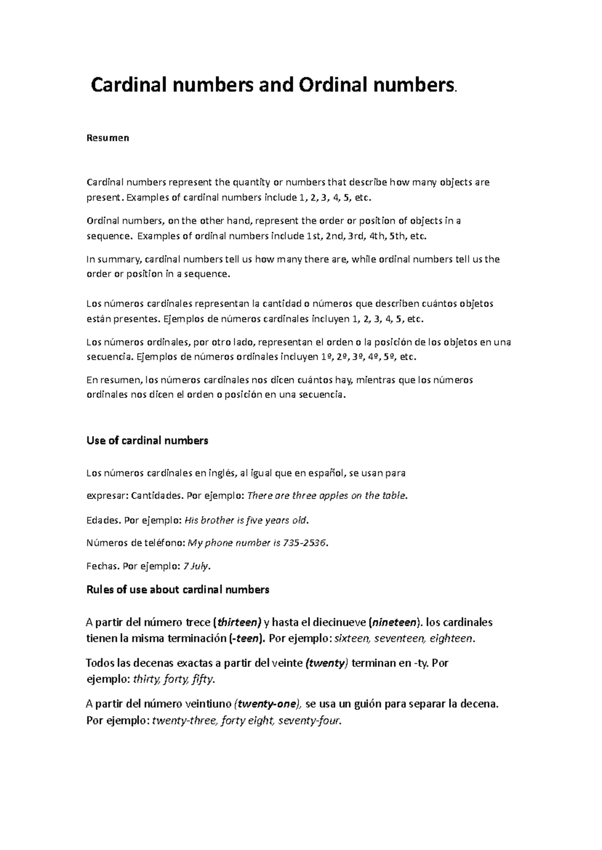 Cardinal and Ordinal Numbers Overview - Document 85174 - Studocu