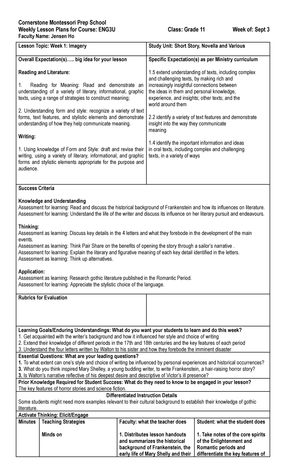 ENG3U Week 1 Lesson Plan: Imagery in Short Stories and Novels - Studocu