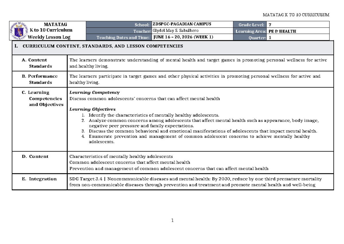 MATATAG K to 10 Curriculum: Weekly Lesson Log for PE & Health G7 Q1 ...