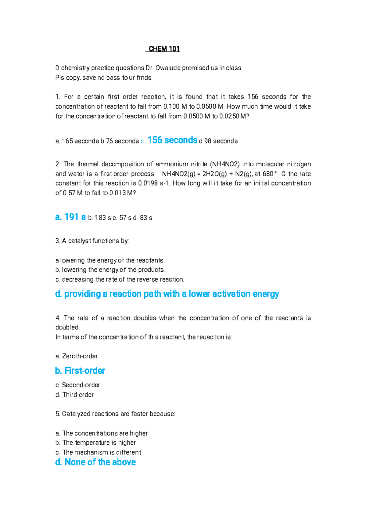 Chemistry (CHM 101) Practice Questions & Answers for Midterm Study ...