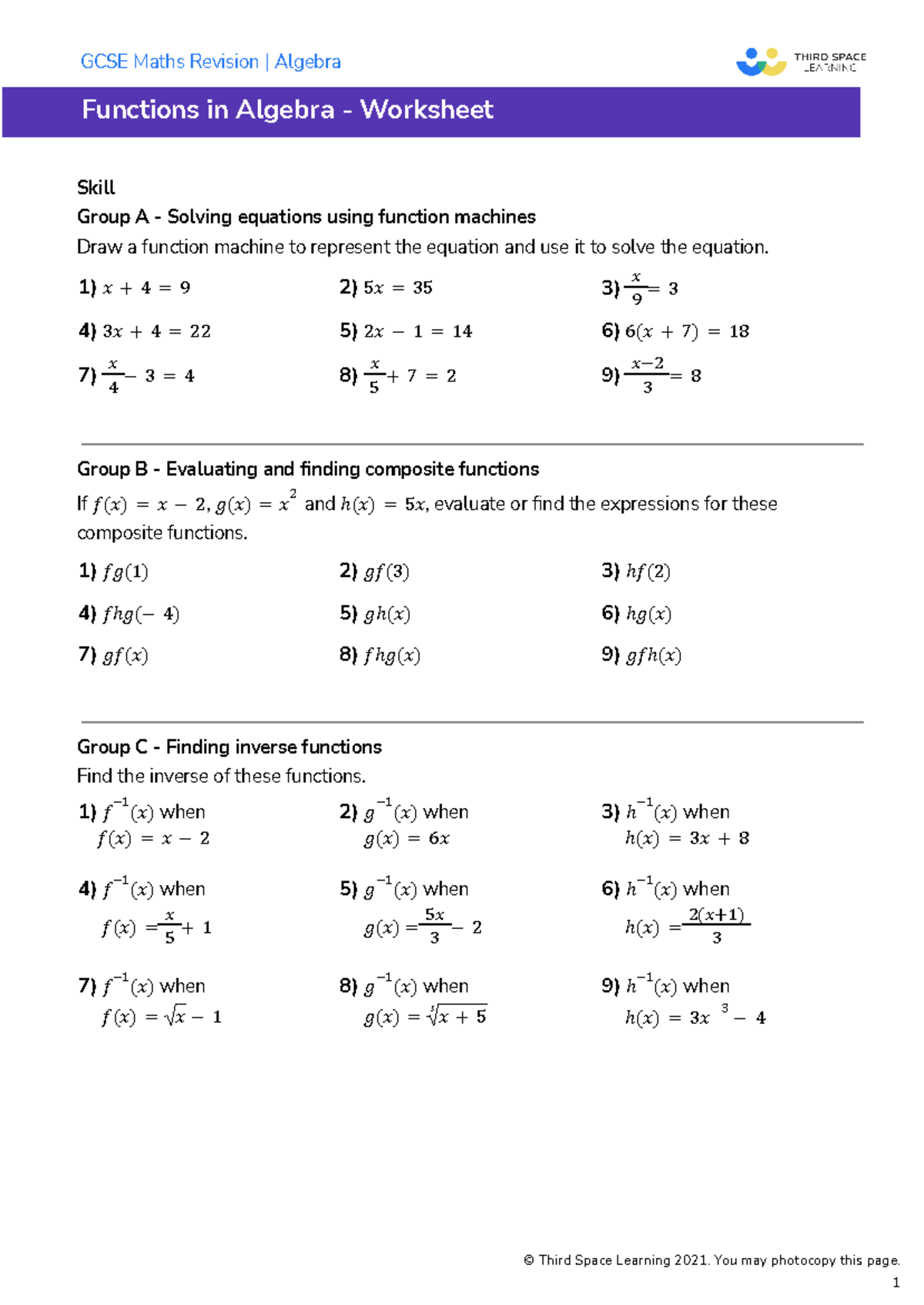 Functions in Algebra - GCSE Worksheet & Exam Practice - Studocu