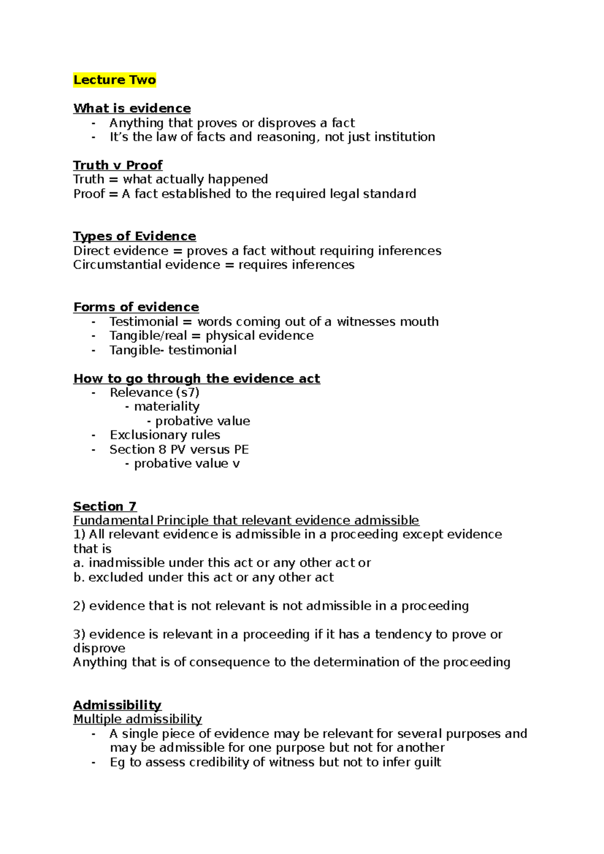 LAW 101: Lecture Notes on Evidence and Admissibility Principles - Studocu