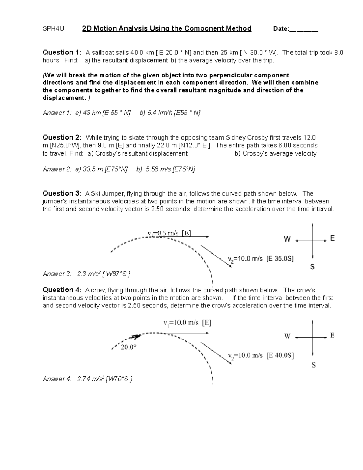 SPH4U 2D Kinematics: Component Method Questions and Solutions - Studocu