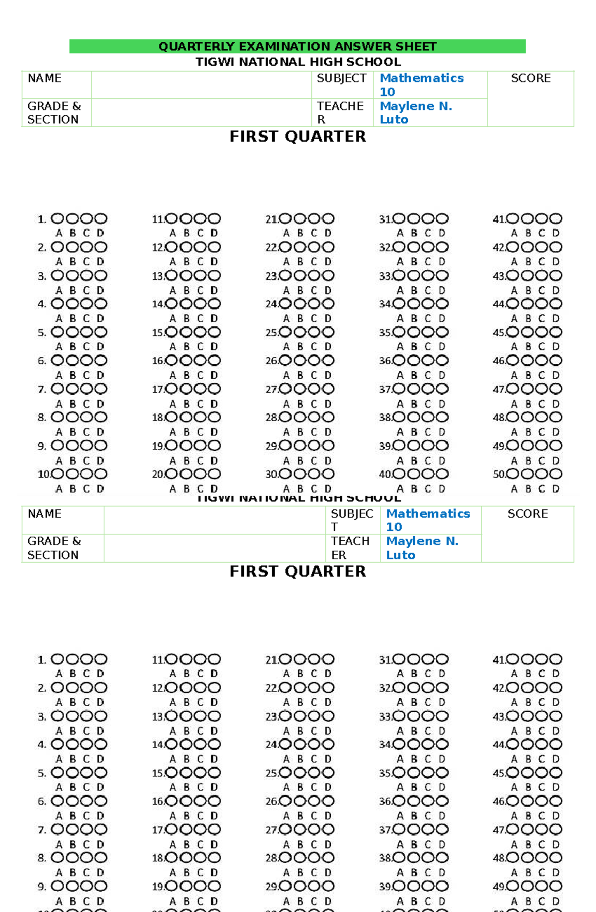 Answer Sheet-1st Quarter - QUARTERLY EXAMINATION ANSWER SHEET TIGWI NATIONAL HIGH SCHOOL NAME ...
