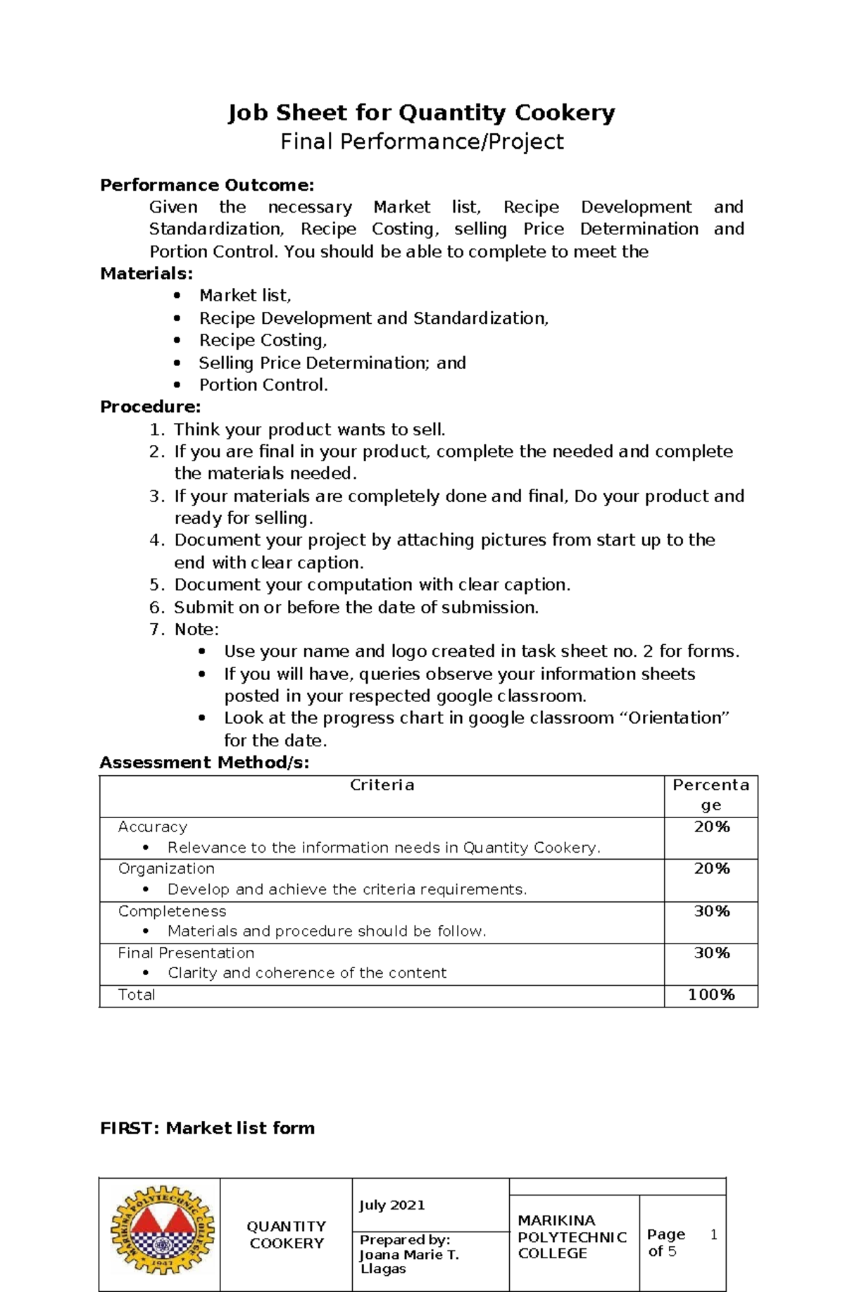 Job Sheet for Quantity Cookery blank - Job Sheet for Quantity Cookery ...