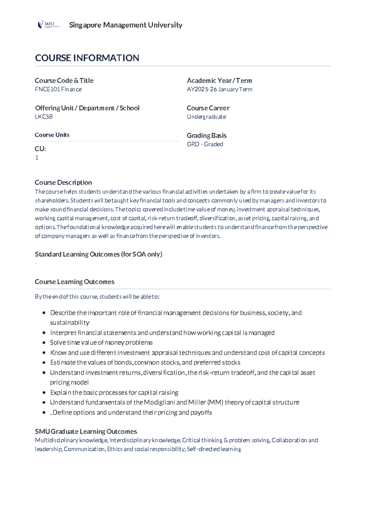 FNCE101 Finance Course Syllabus - January Term 2023 - Studocu