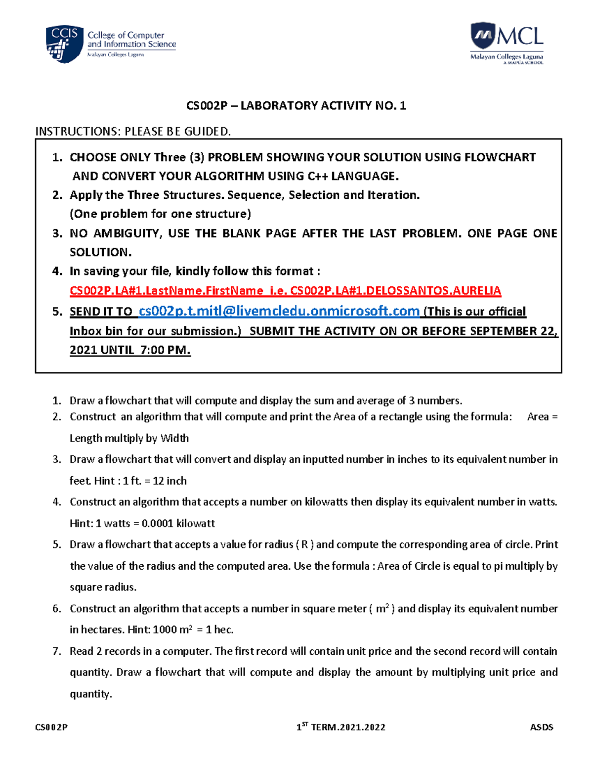 CS002P - Laboratory Activity #1: Flowcharts and C++ Algorithms - Studocu