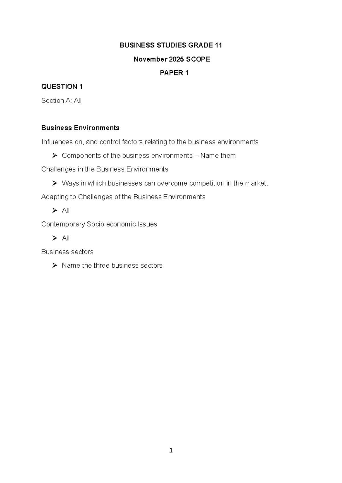 BUSINESS STUDIES GRADE 11 November 2025 Paper 1 Scope Overview - Studocu