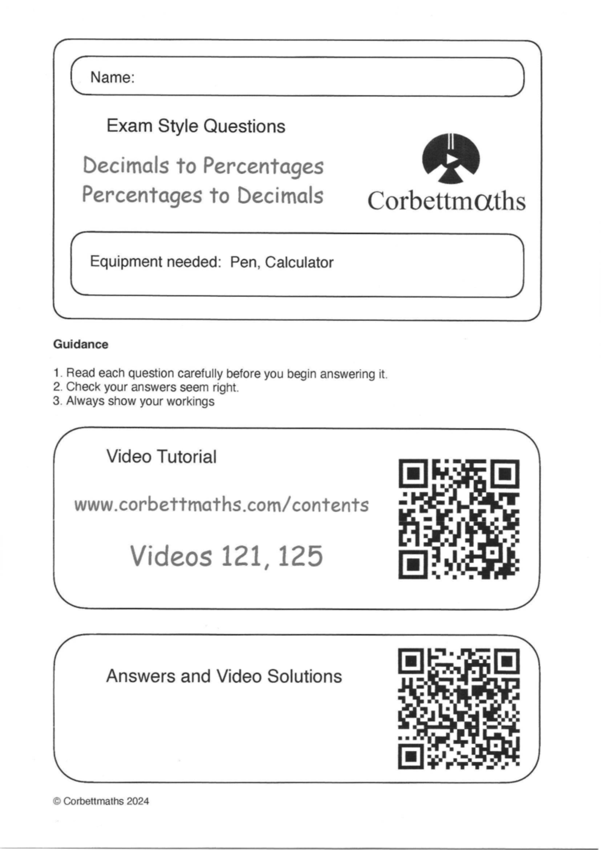 Decimals to Percentages Exam Style Questions (Corbettmaths 2024) - Studocu