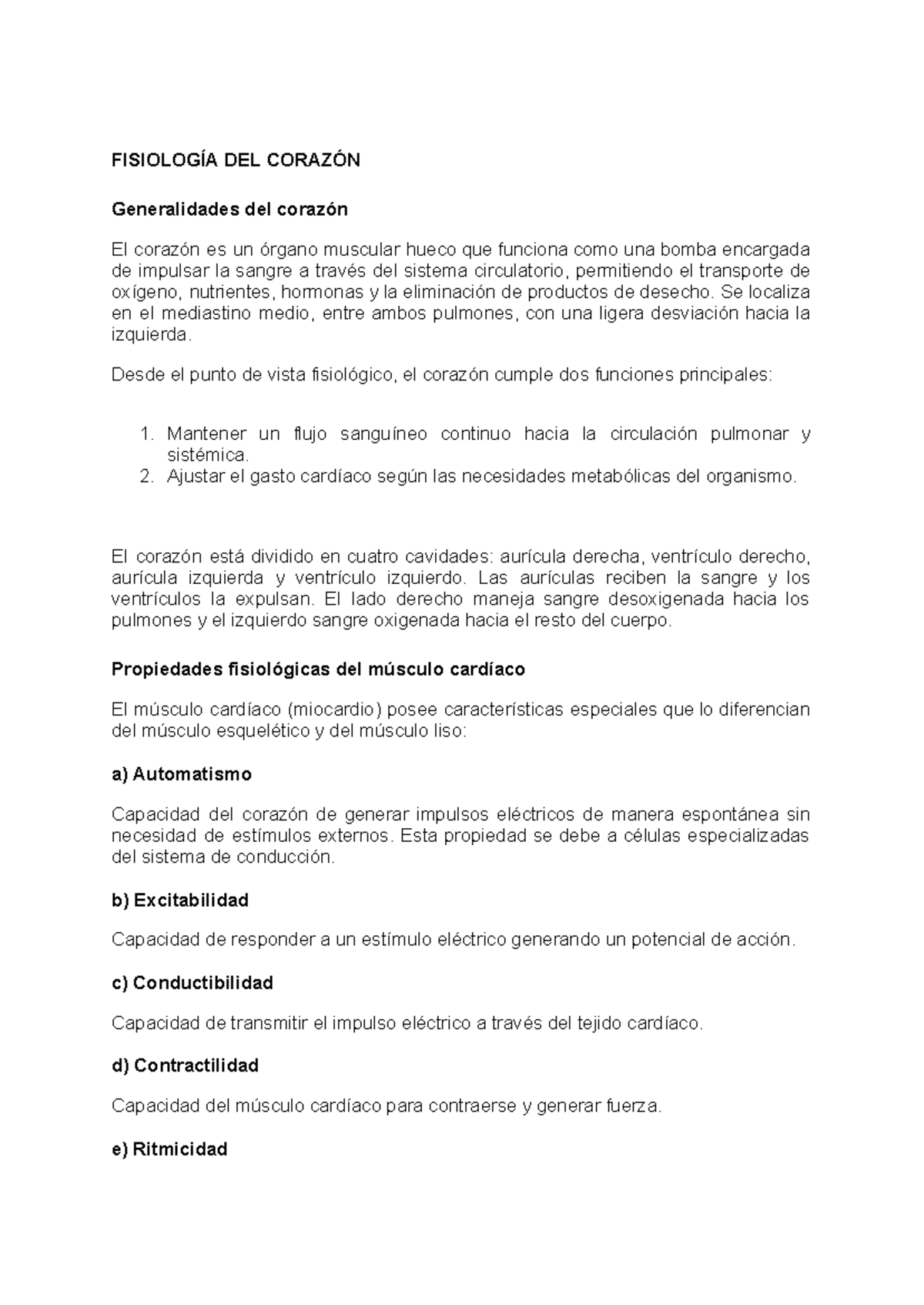 FISIOLOGÍA DEL CORAZÓN: Funciones y Propiedades Esenciales - Studocu