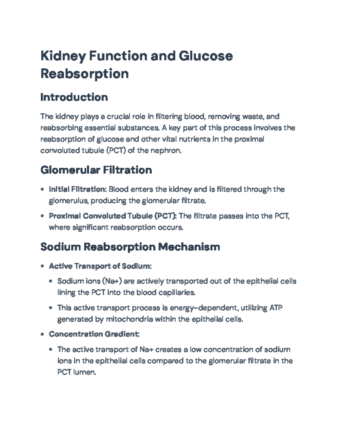 Kidney Function and Glucose Reabsorption: Mechanisms of Nutrient ...