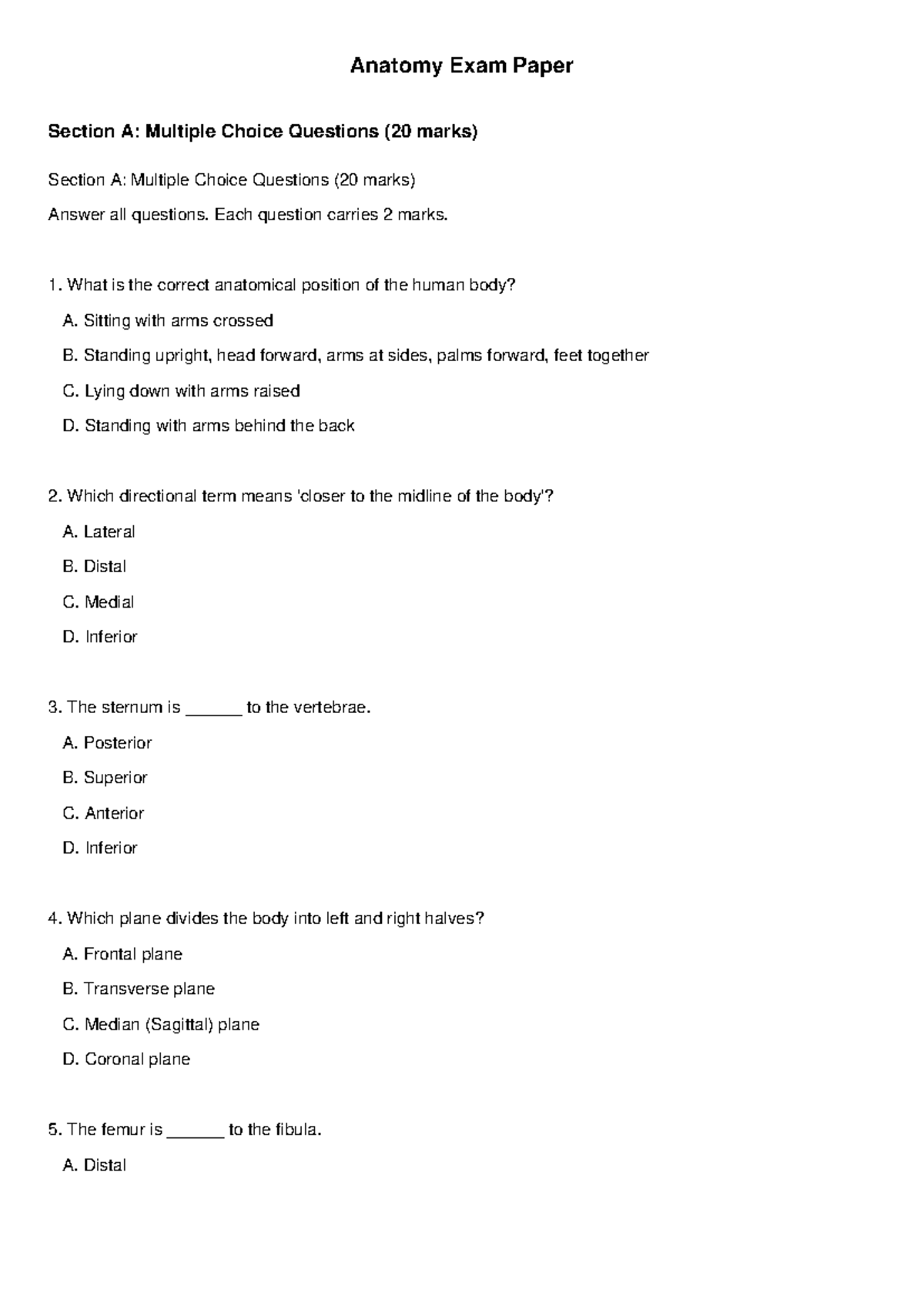 Anatomy Exam Paper & Memo: MCQs and Structured Questions - Studocu