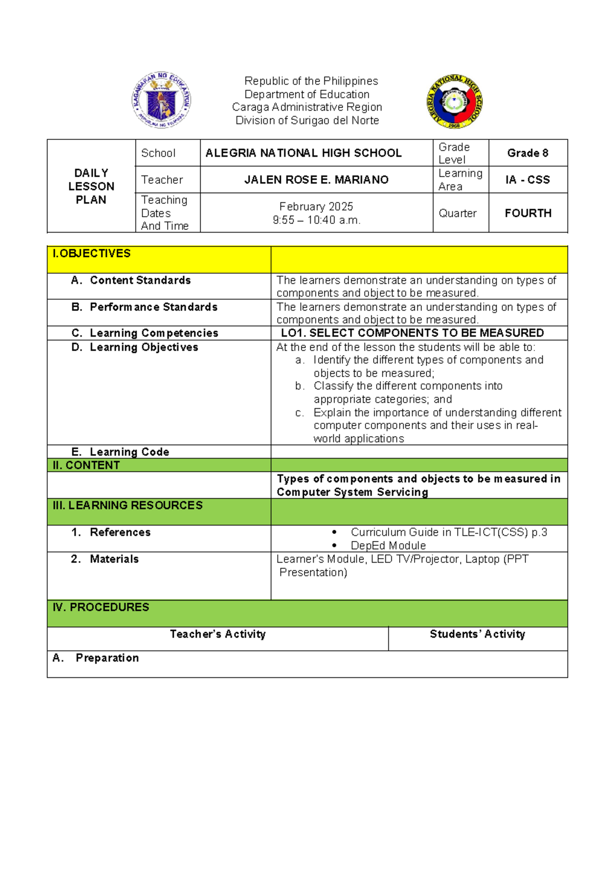 CSS L2-LP1 - Daily Lesson Plan for Grade 8 Computer System Servicing ...