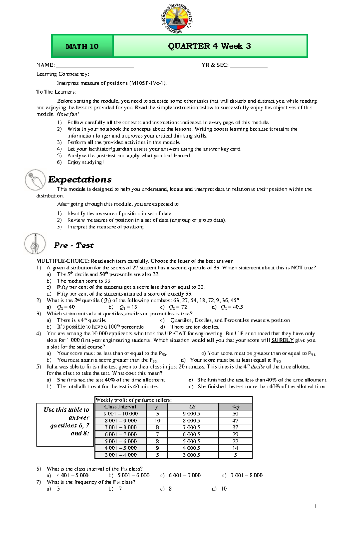 Math 10 Q4 W3 - self learning module - Expectations Pre - Test NAME