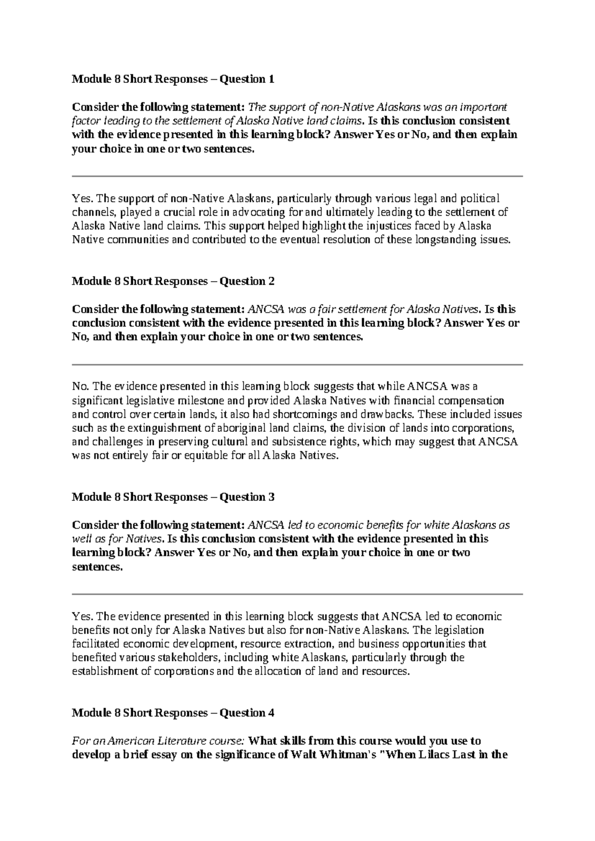 Module 8 Short Responses: Analyzing Key Concepts and Perspectives - Studocu